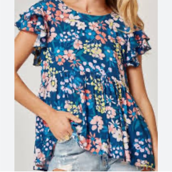 ANDREE BY UNIT | Tops | Andree By Unit Floral Ruffle Sleeve Blouse Blue ...
